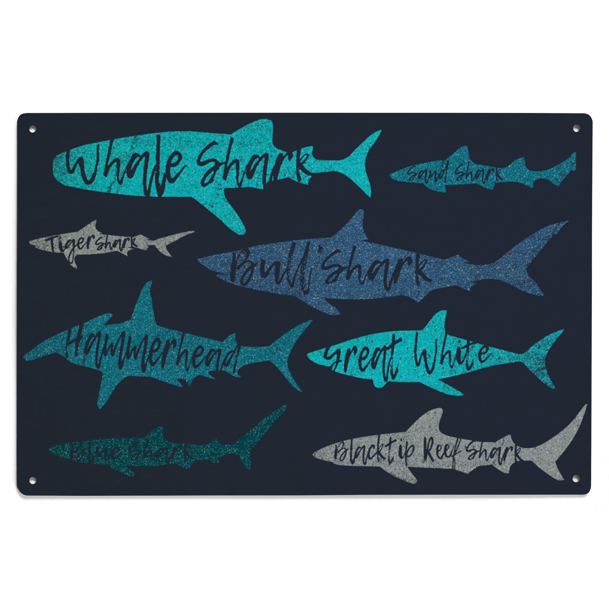 Sharks Pattern, Shark Names, Navy Background Birch Wood Wall Sign (6x9 ...