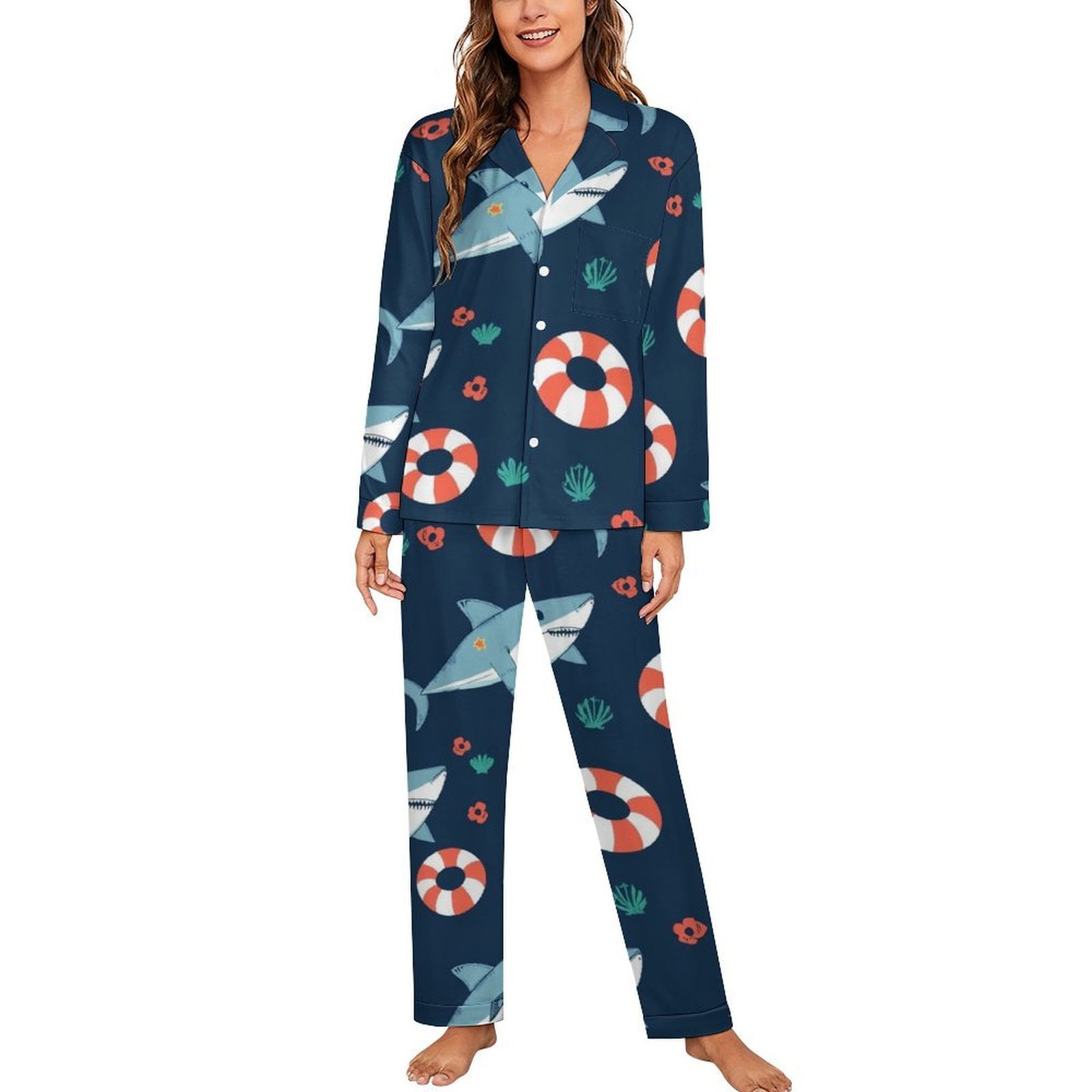 Sharks Summer Pattern Fun Pajamas Woman Home Suit Autumn Long Sleeve 2 ...