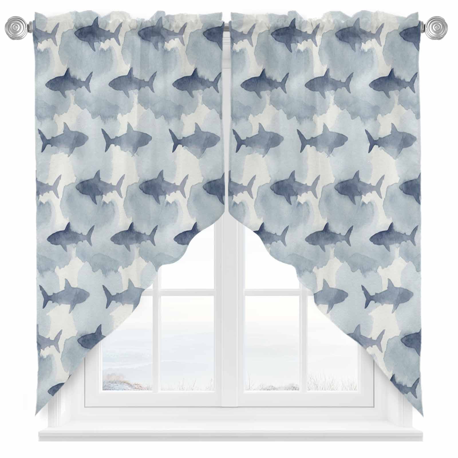 Sharks Swag Kitchen Curtain Valances, Watercolor Gradient Grey Blue ...