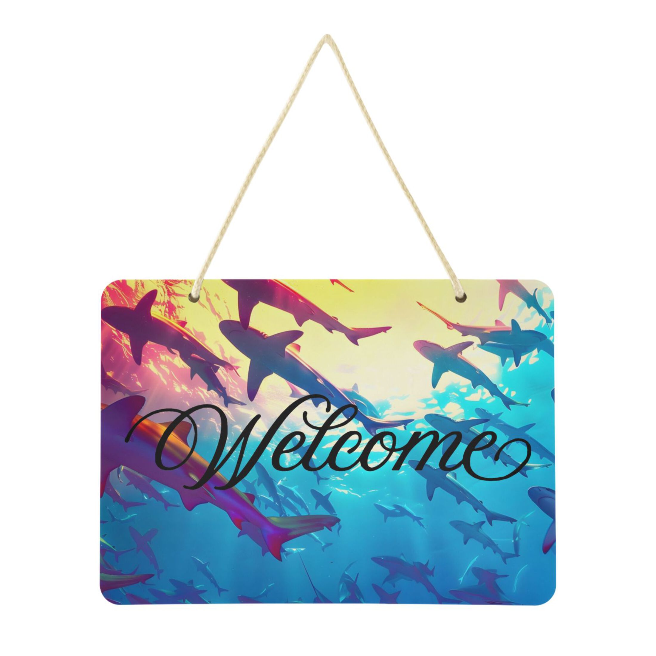 Sharks Underwater Welcome Sign Front Door PVC 14x10 inch Hanger Hello ...