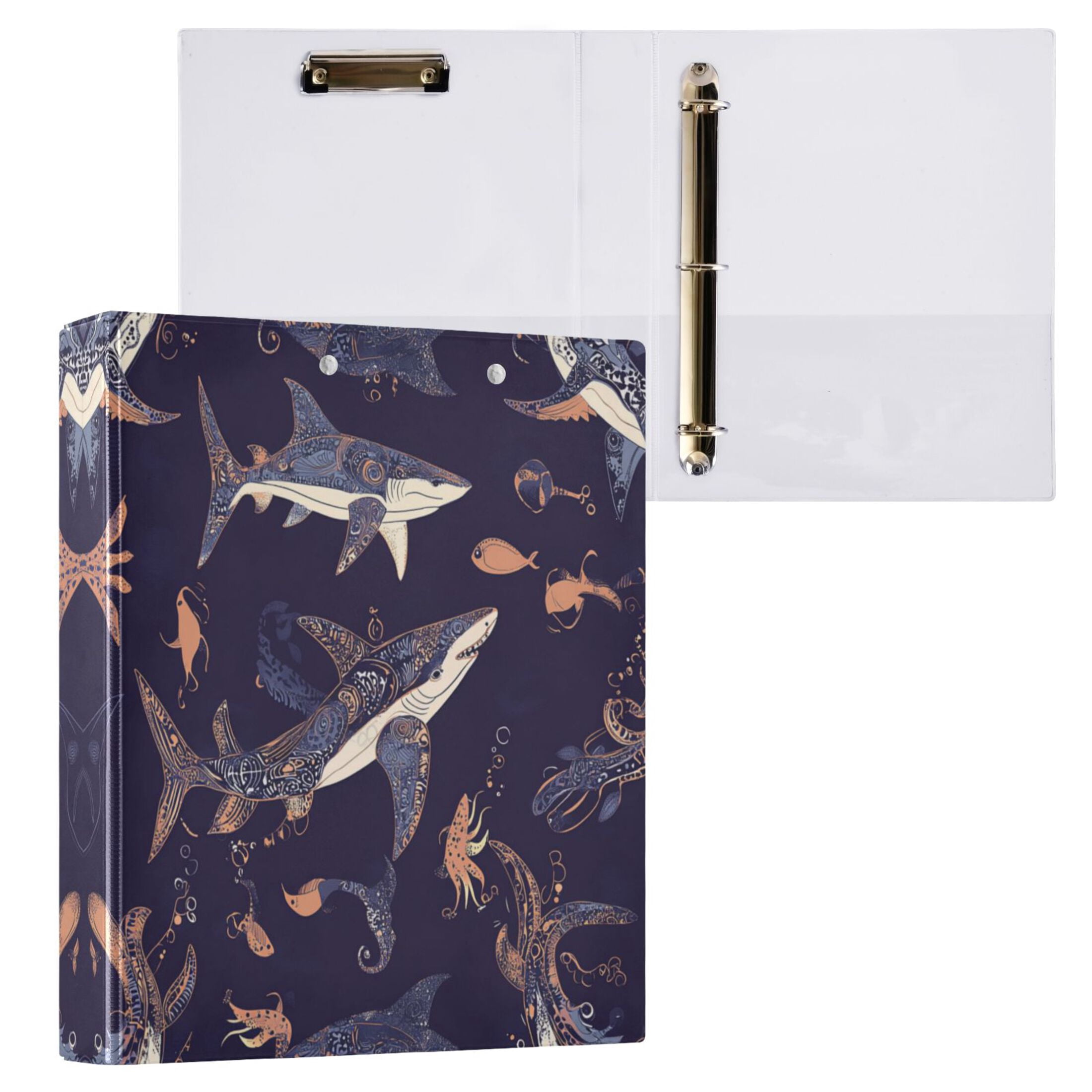 Sharks and Fish Pattern 3 Ring Hardcover Binders 1.5in Round Rings for ...