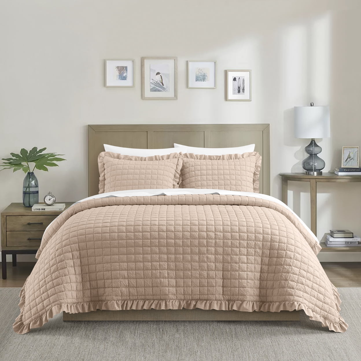 Sharlette 3 Piece Quilt Coverlet Set Diamond Stitched Crinkle Crush ...
