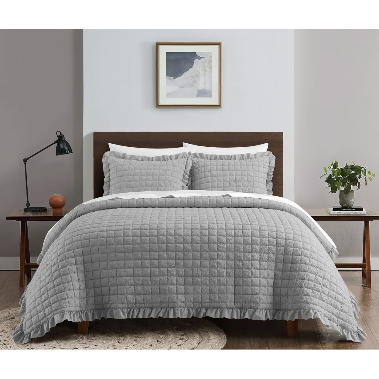 Sharlette 3 Piece Quilt Coverlet Set Diamond Stitched Crinkle Crush ...