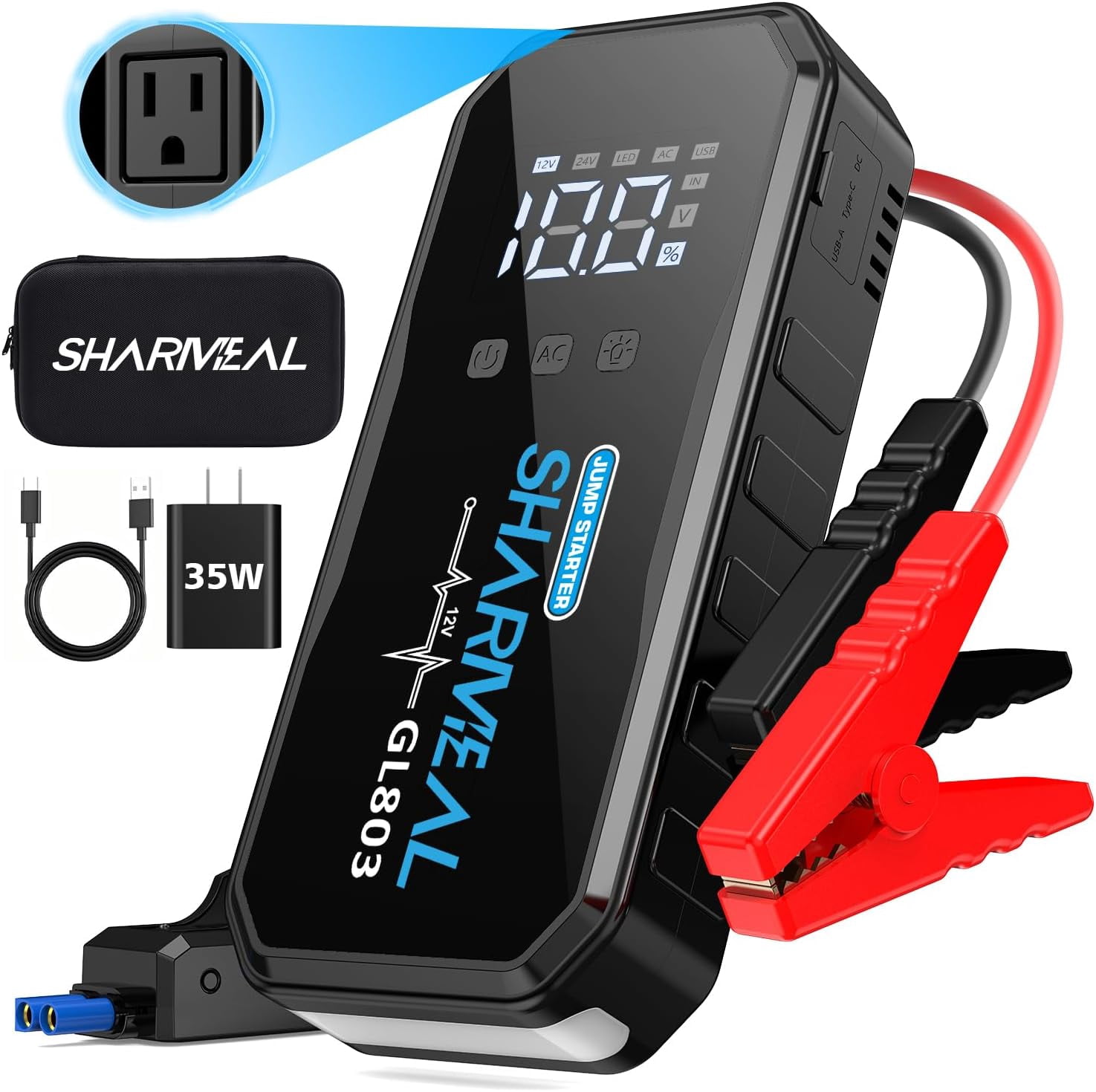 Sharmeal 22-in-1 9000A Jump Starter, 24000mAh Car Booster Pack with 80W ...