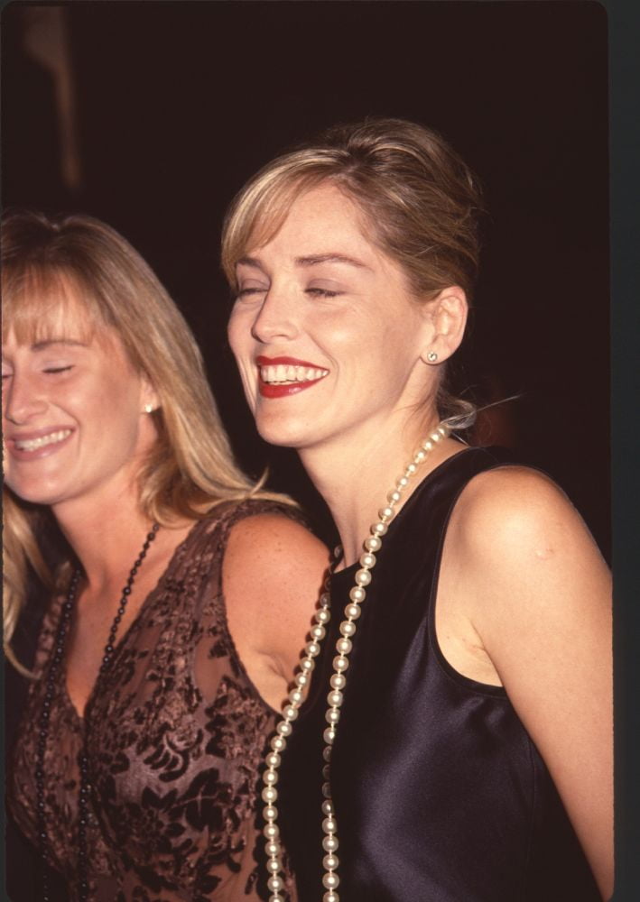 Sharon Stone Close Up Wearing Silk Black Top And Long Pearl Necklace ...