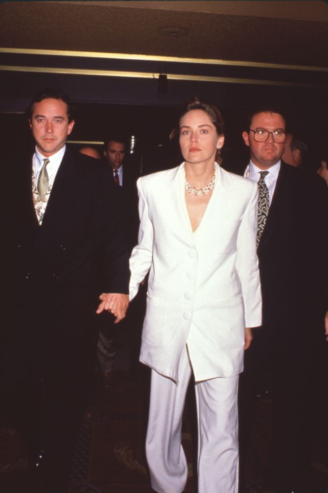 Sharon Stone In White Suit With Bill Macdonald At Bowe Vs Holyfield ...
