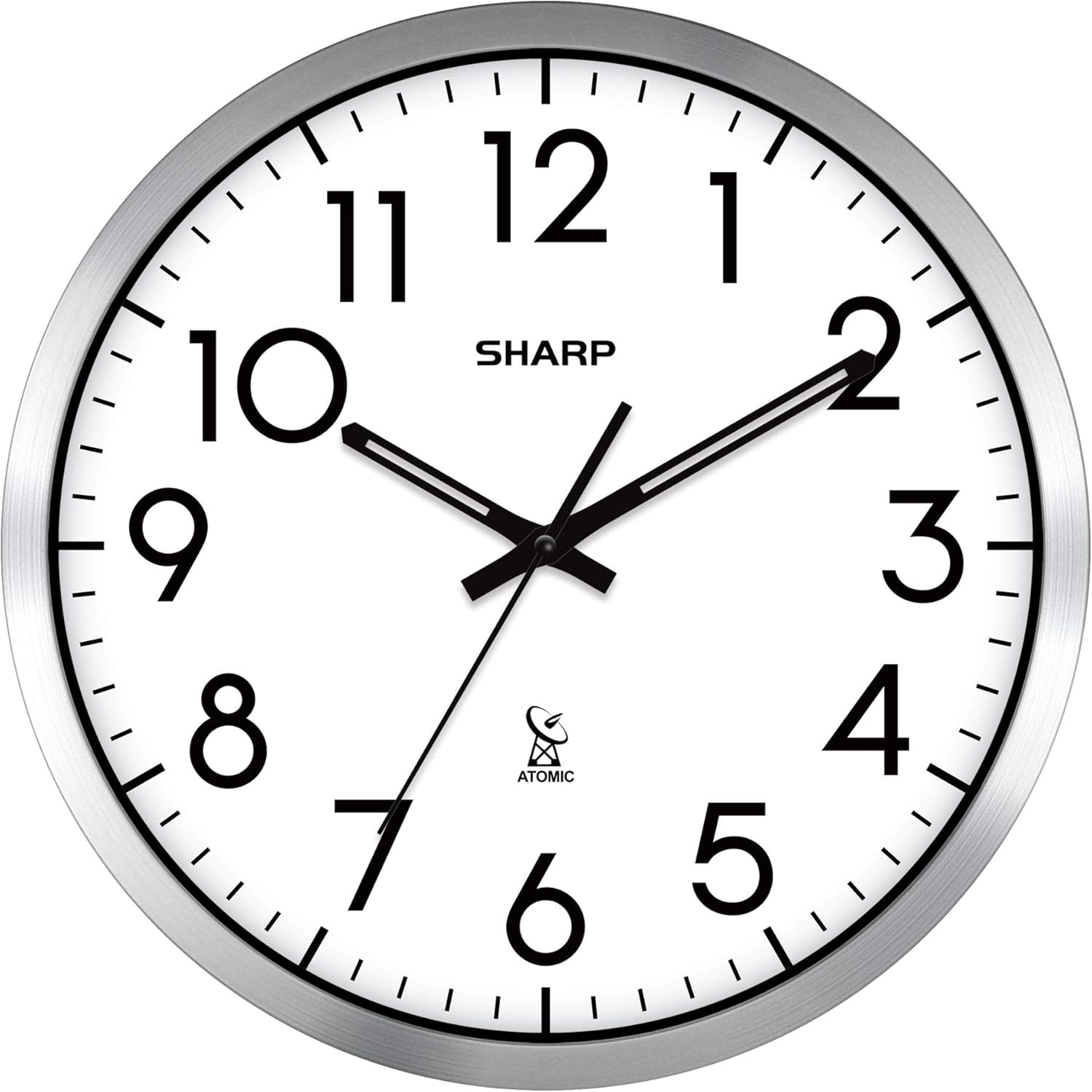 Sharp Atomic Analog Wall Clock - 12" Grey Face, Silver Brushed Finish ...