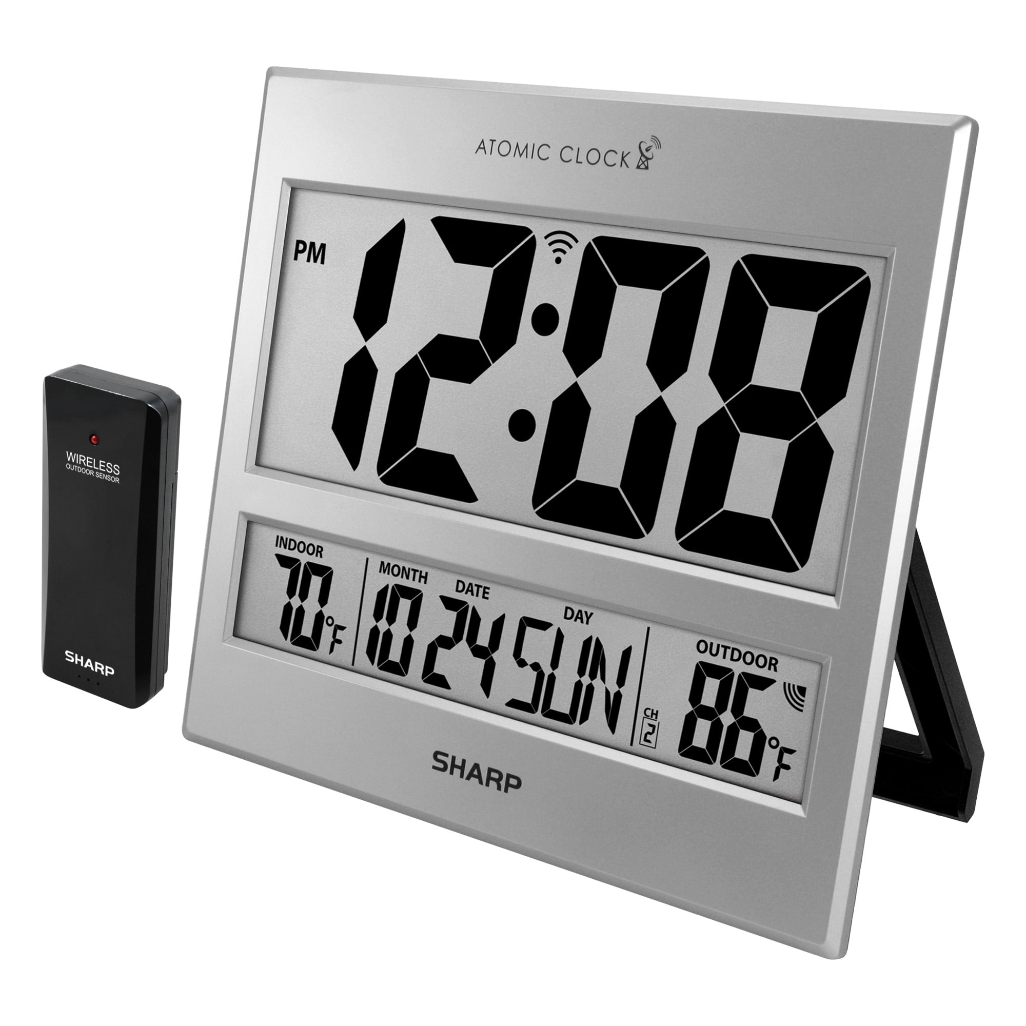 "Sharp Atomic Clock with Indoor Temperature, Large 3"" Display, Desk Time, Wireless Outdoor ...