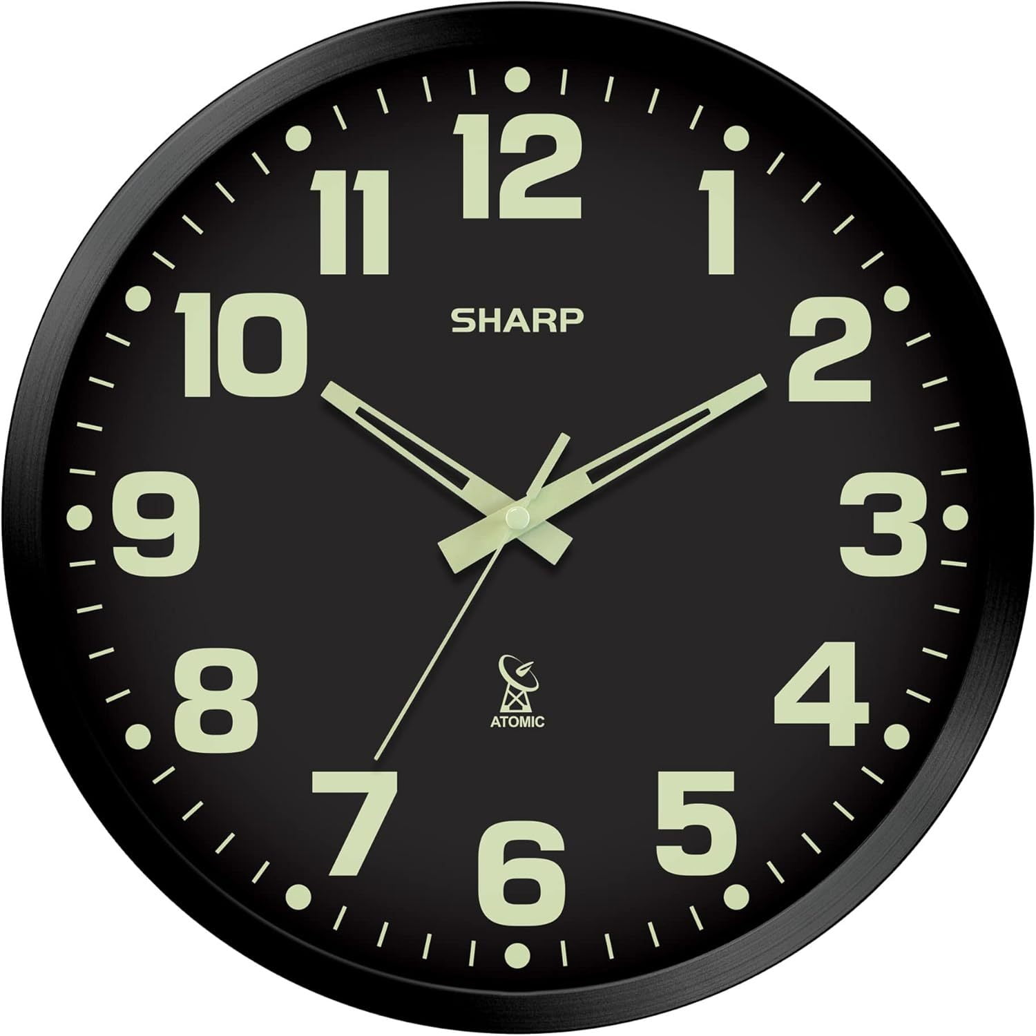 Sharp Glow in The Dark Atomic Analog Wall Clock - 12" Clock with Black Frame - Sets ...