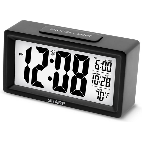 Sharp LCD Alarm Clock with White Backlight, Calendar, Indoor Temp ...