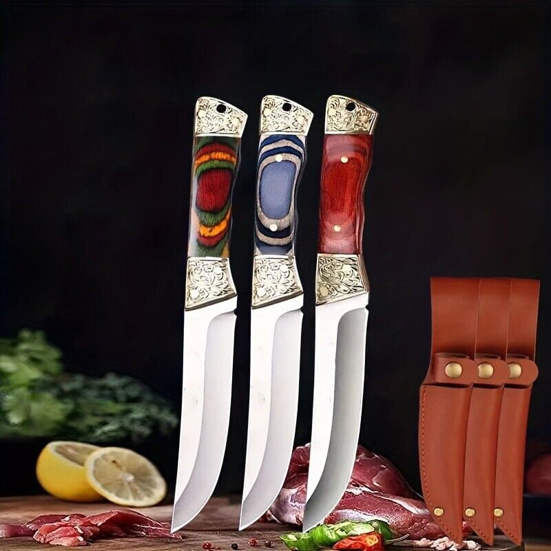 Sharp Meat Cutting Knife with Steel Wood Handle for Camping and Hiking ...
