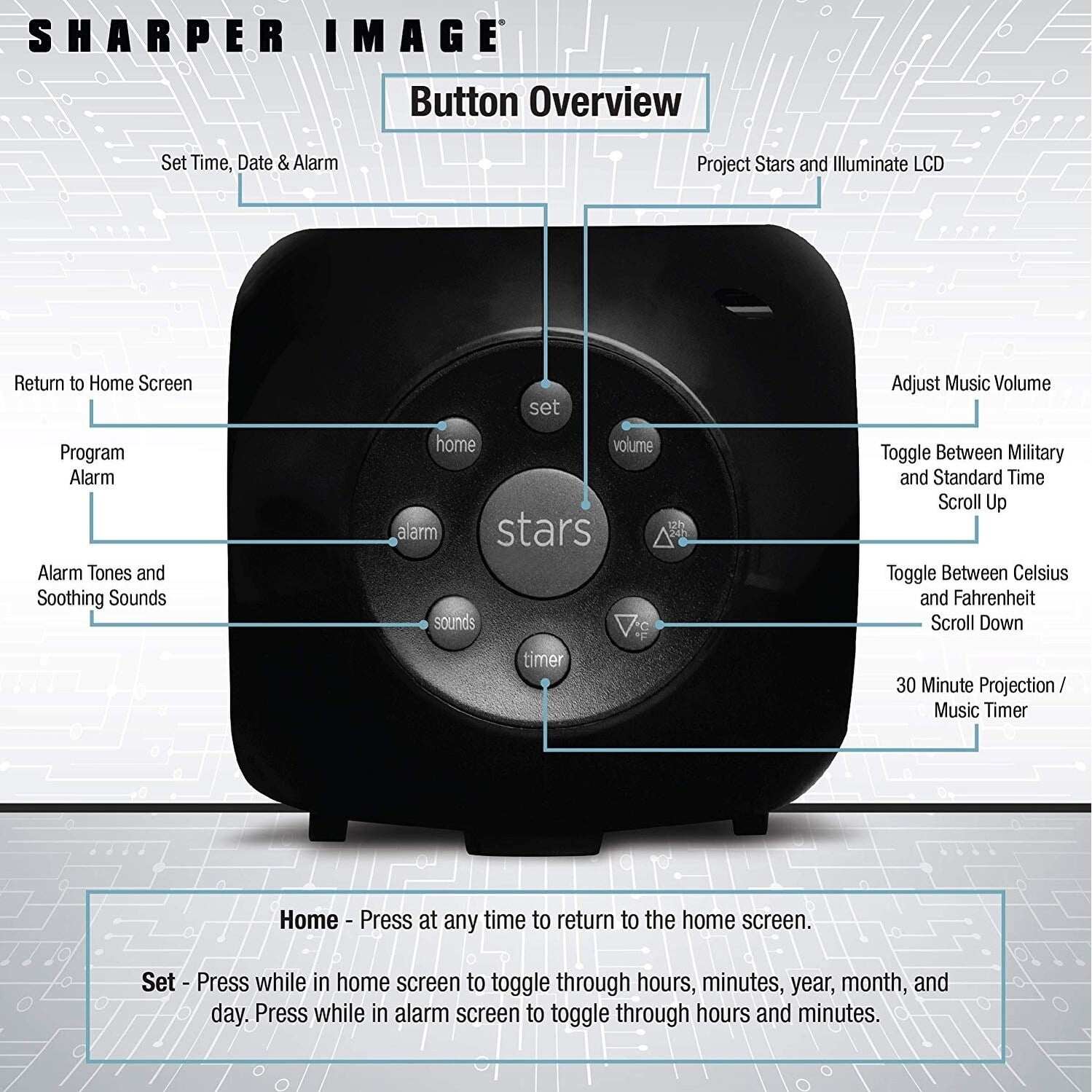 Sharper Image Lighted Bedroom Colorful Ceiling Projector Night Alarm ...