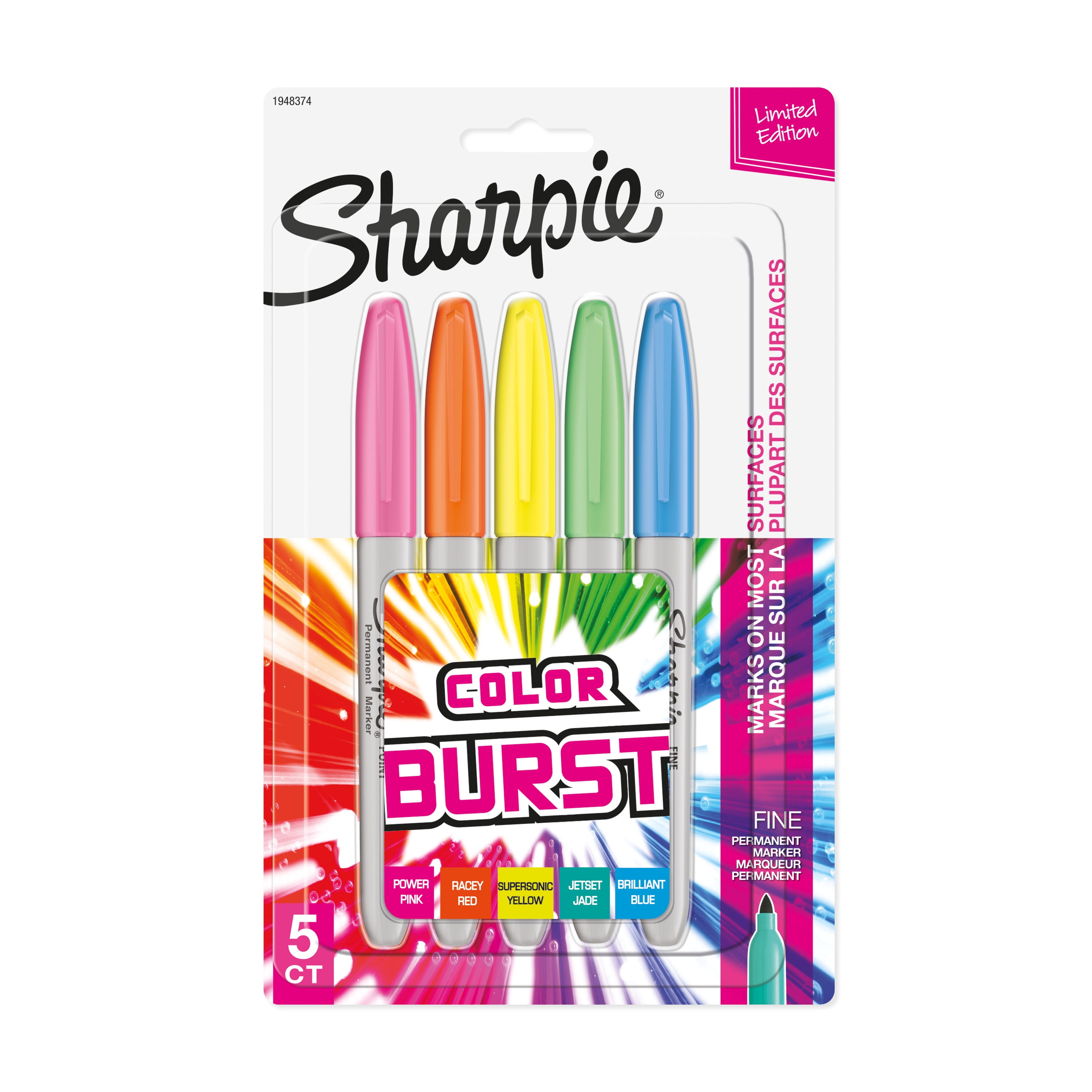 Sharpie Color Burst Permanent Markers, Fine Point, Assorted Colors, 5 ...