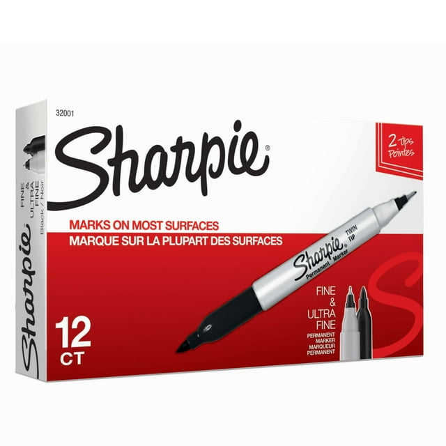 Sharpie Twin Tip Permanent Markers, Fine and Ultra Fine, Black, 12 Pack ...
