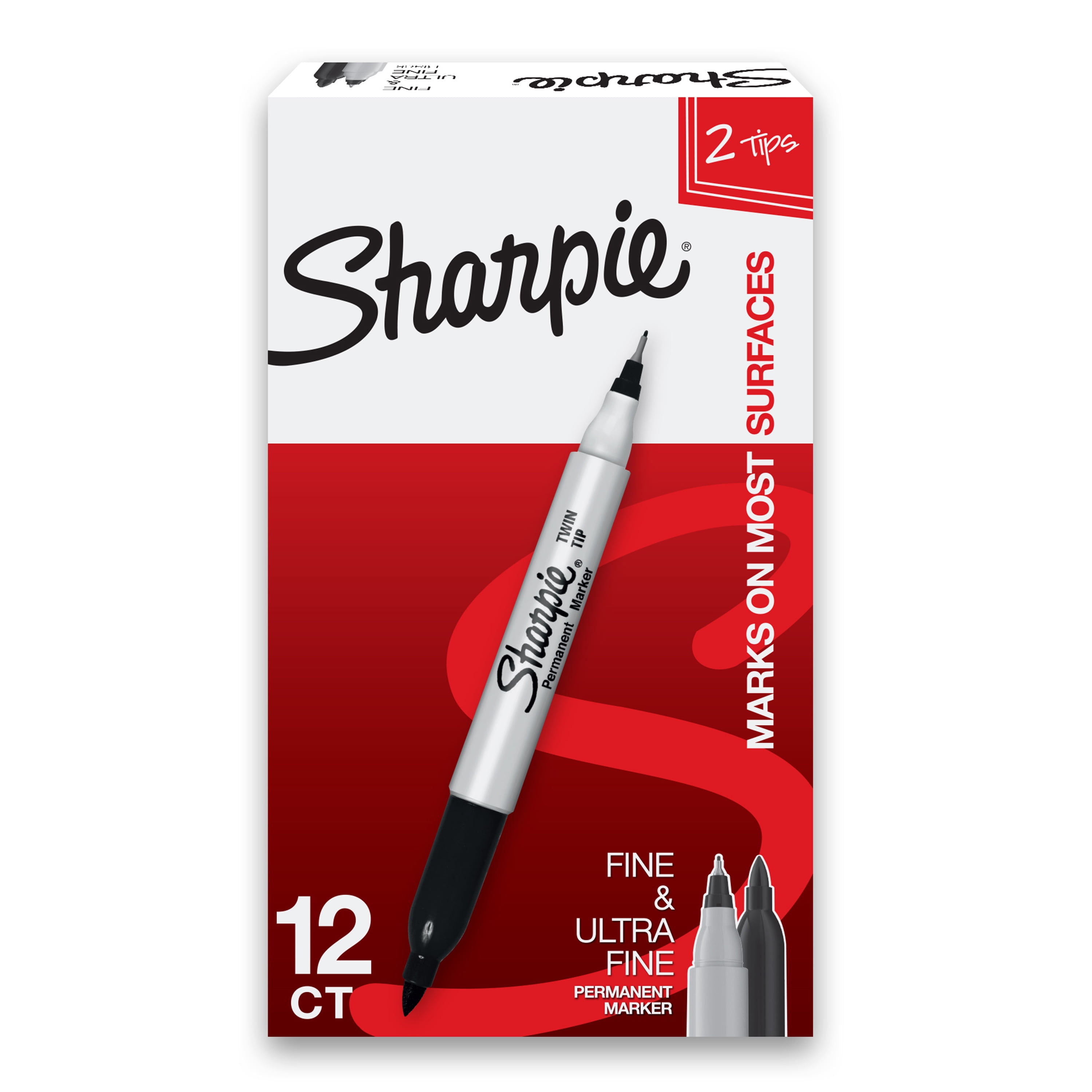 Sharpie Twin Tip Permanent Markers, Fine and Ultra Fine, Black, 12 Pack ...