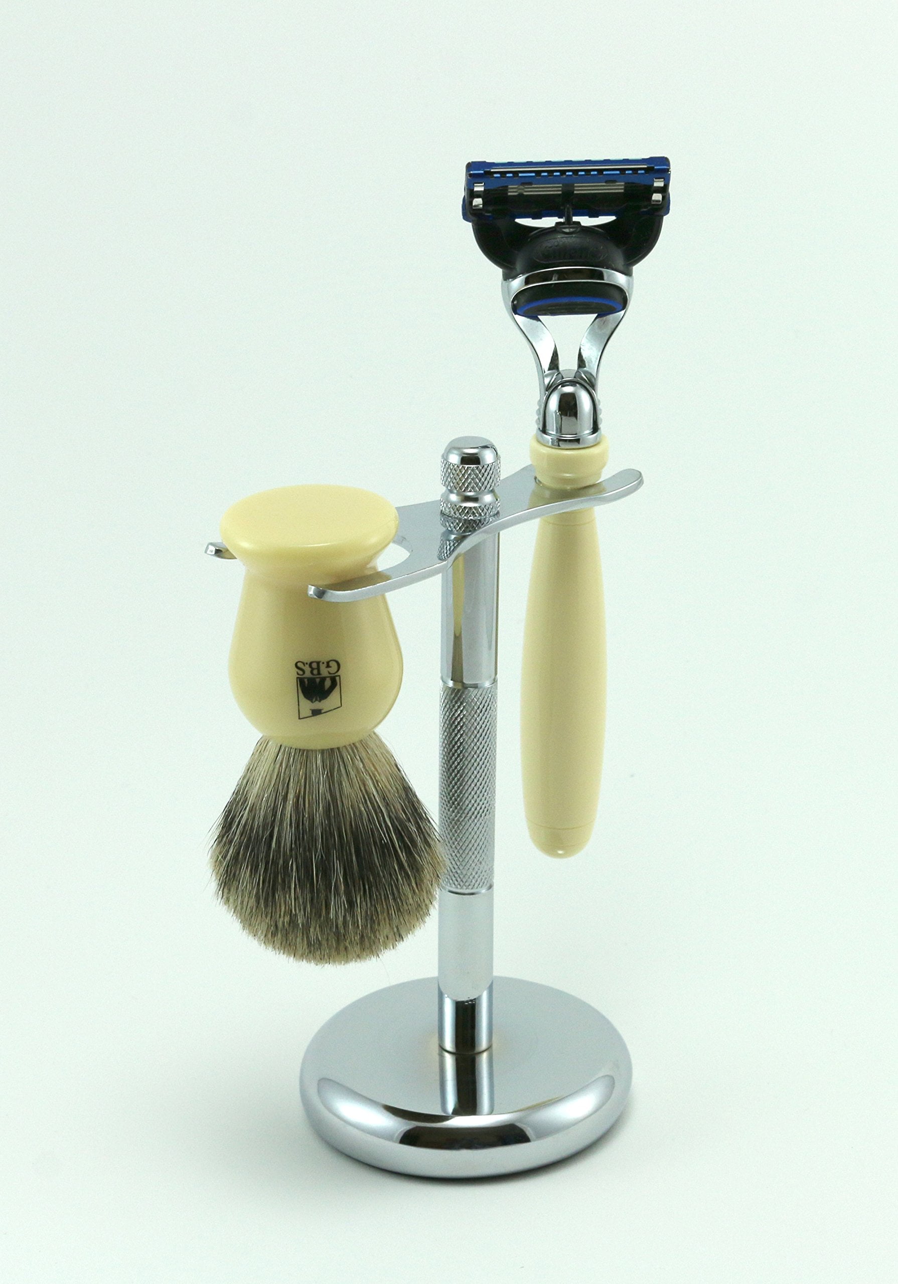 Shaving Gift Set 3 Pc with Faux Ivory 5 Blade Razor, Pure Badger Brush ...