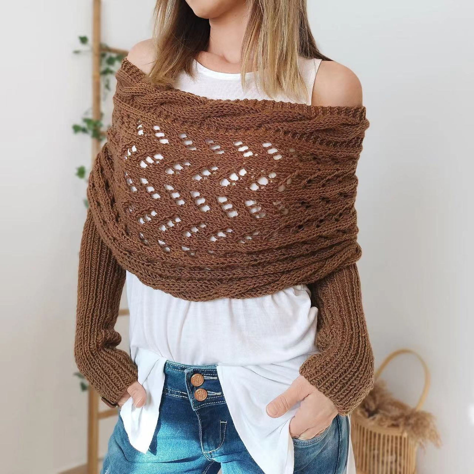Shawl Scarf with Sleeves Open Stitch Shawl with Sleeves Knitted Cable ...