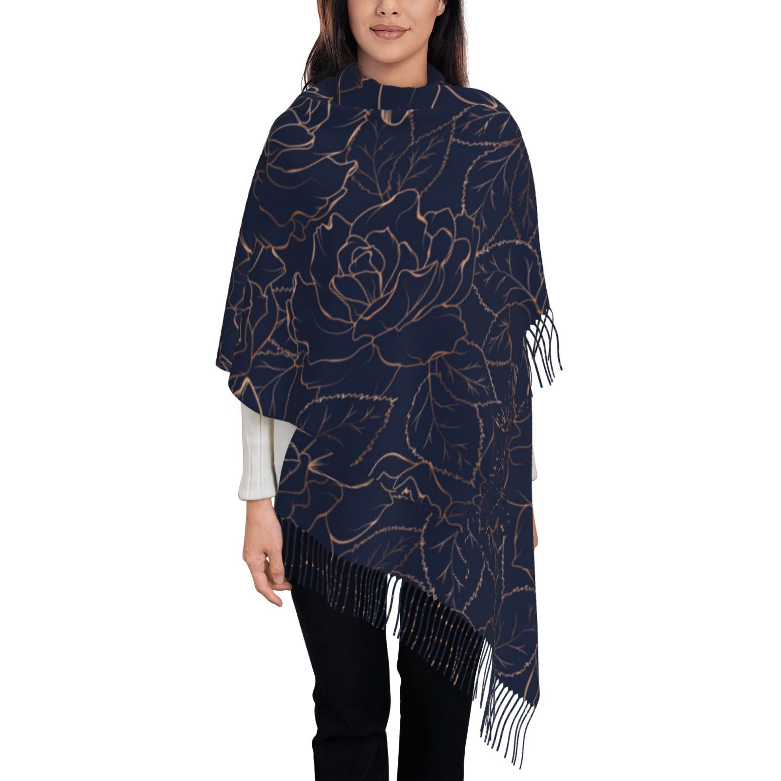 Shawl Wraps for Women - Flower Navy Dark Blue Imitation Pashmina Shawls ...