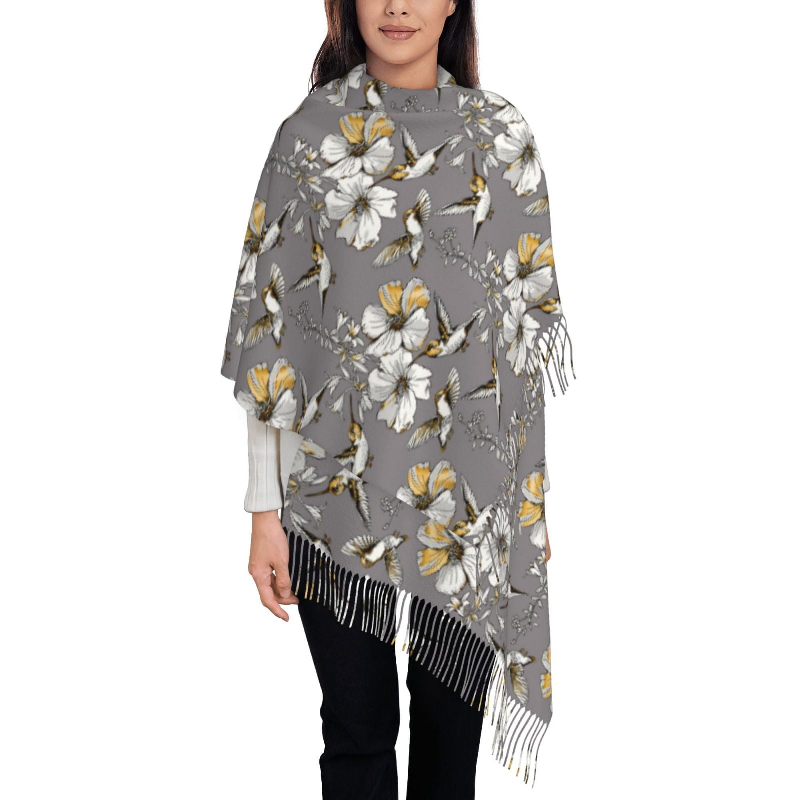 Shawl Wraps for Women - White Flowers Hummingbird Gray Imitation ...