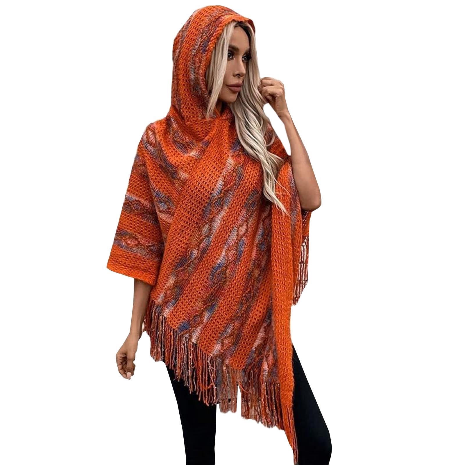 Shawl Wraps for Women Women's Hooded Poncho Long Fringe Capes Boho Knit ...