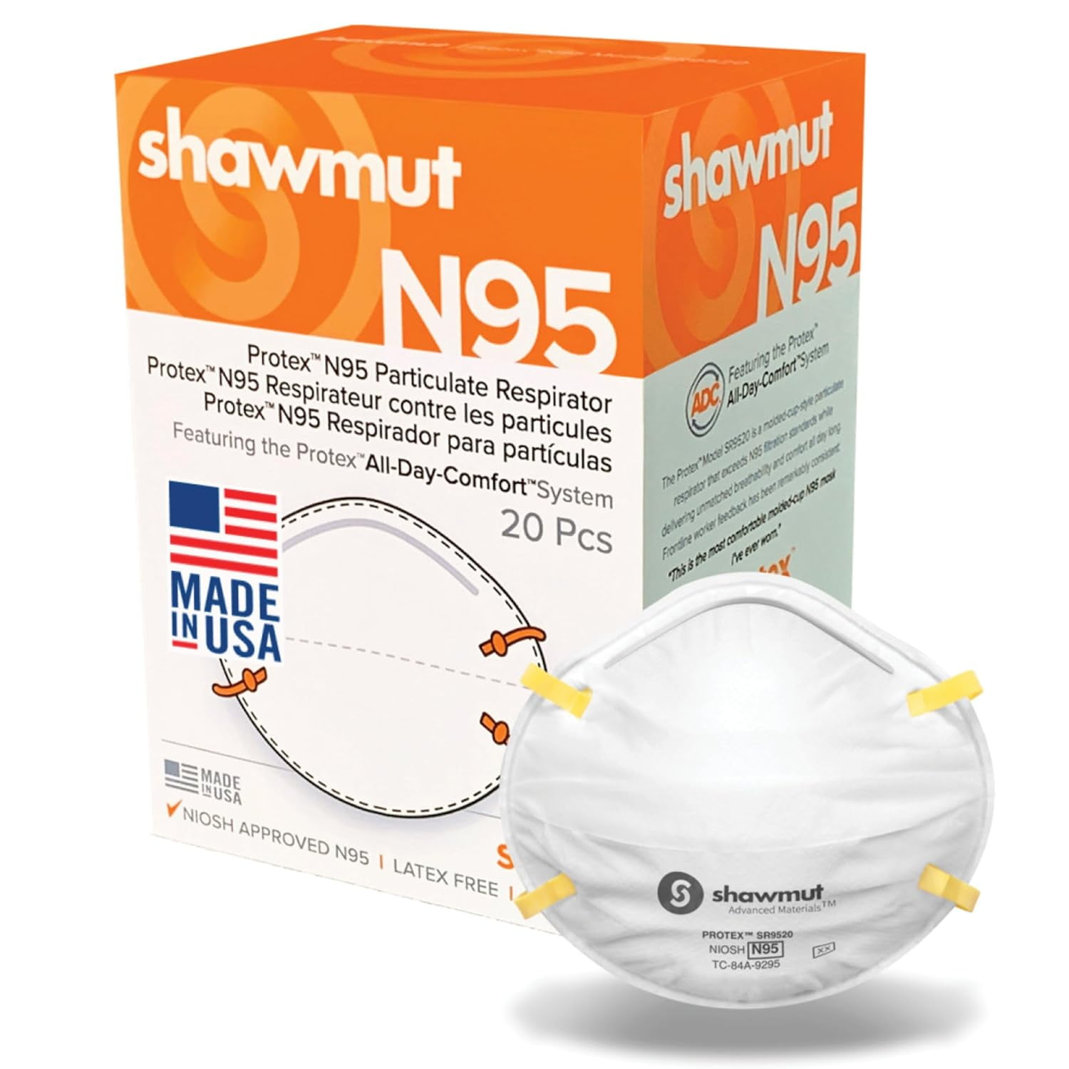 Shawmut Protex™ N95 Mask, Made in the USA NIOSH Approved, Particulate ...