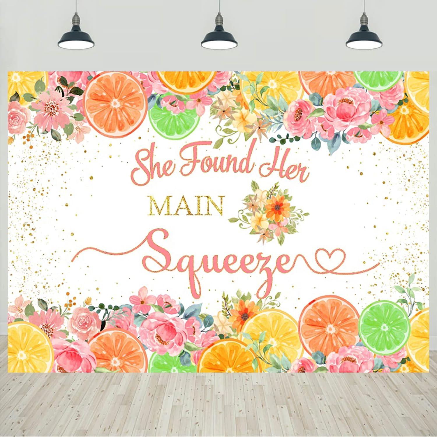 She Found Her Main Squeeze Backdrop Pink Flowers Greenery Lemon ...