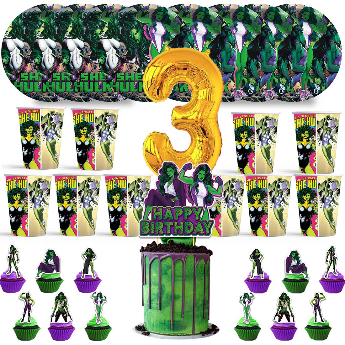 She Hulk Birthday 3rd Cups Party Supplies Plates Fans Decorations Cake ...