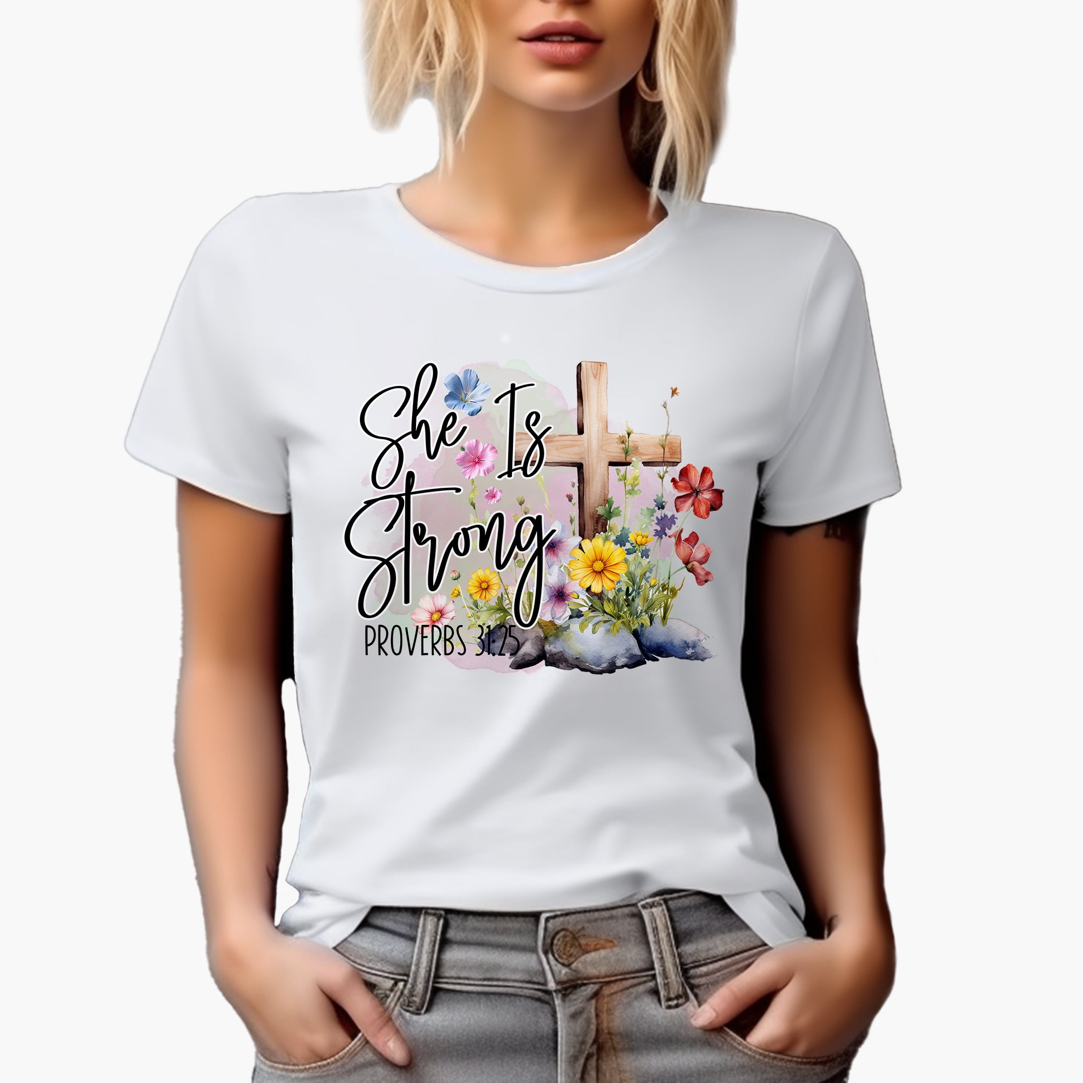 She Is Strong Proverbs 31 25 Bible Verse with Watercolor Cross ...