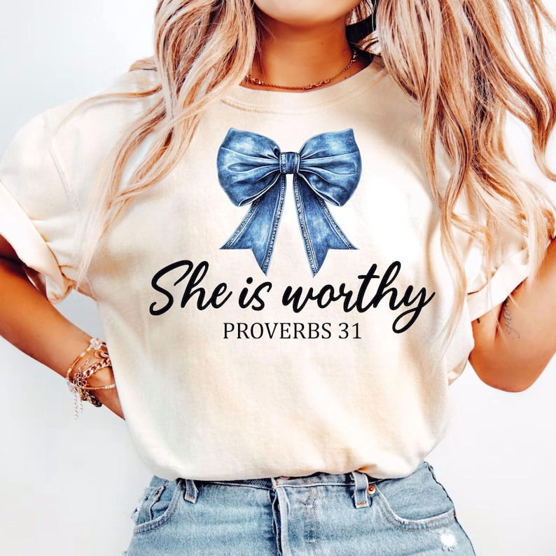 She Is Worthy T-shirt – Coquette Christian Women Girly Faith Bible ...