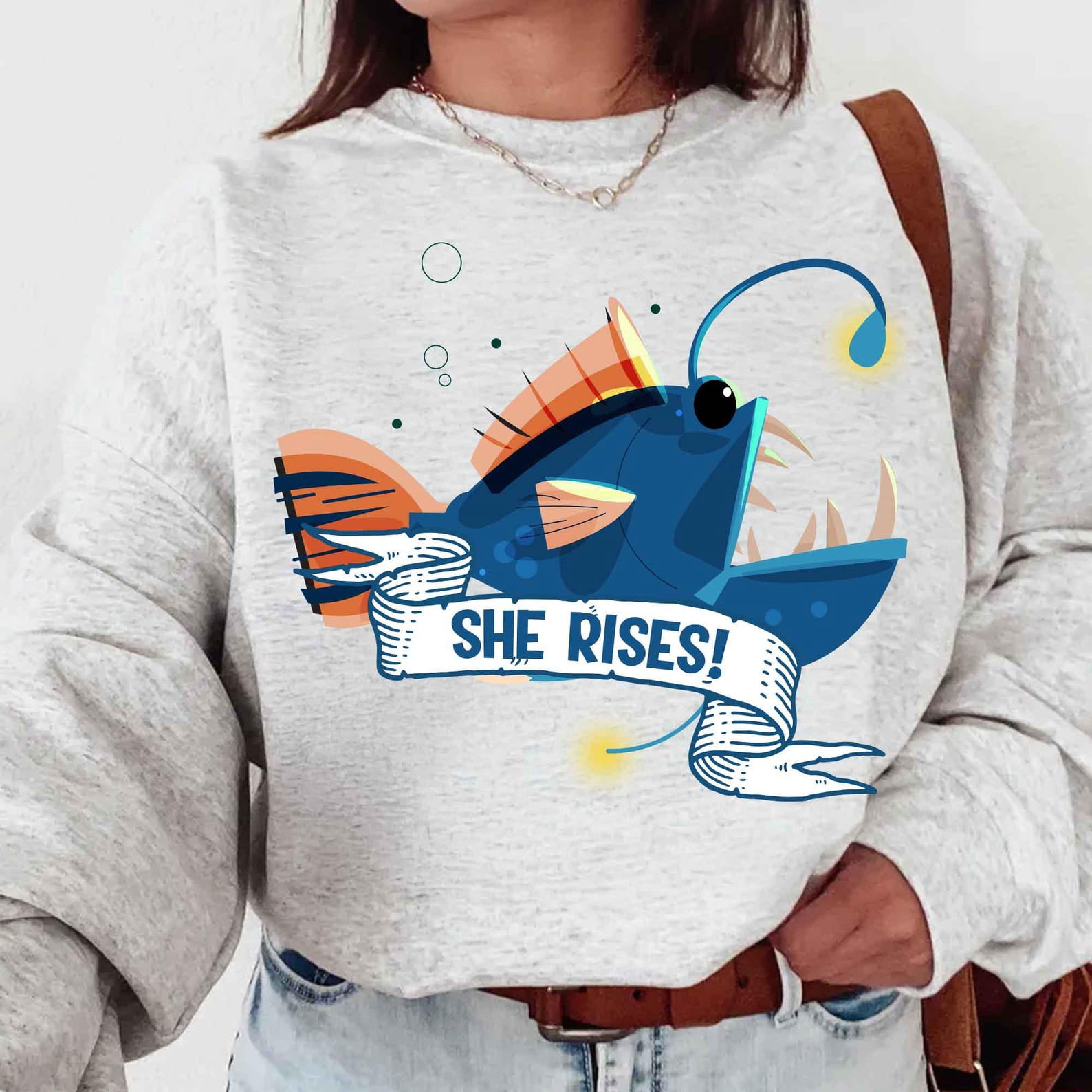 She Rises Angler Fish Sweatshirt, Deepsea Lantern Fish Pullover, Let ...