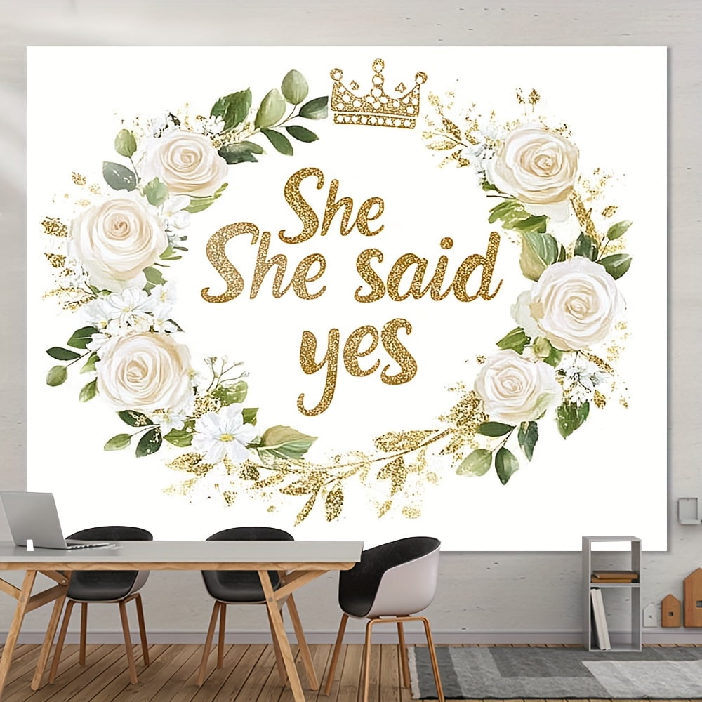 "She Said Yes" Romantic Engagement Backdrop Banner with Golden ...