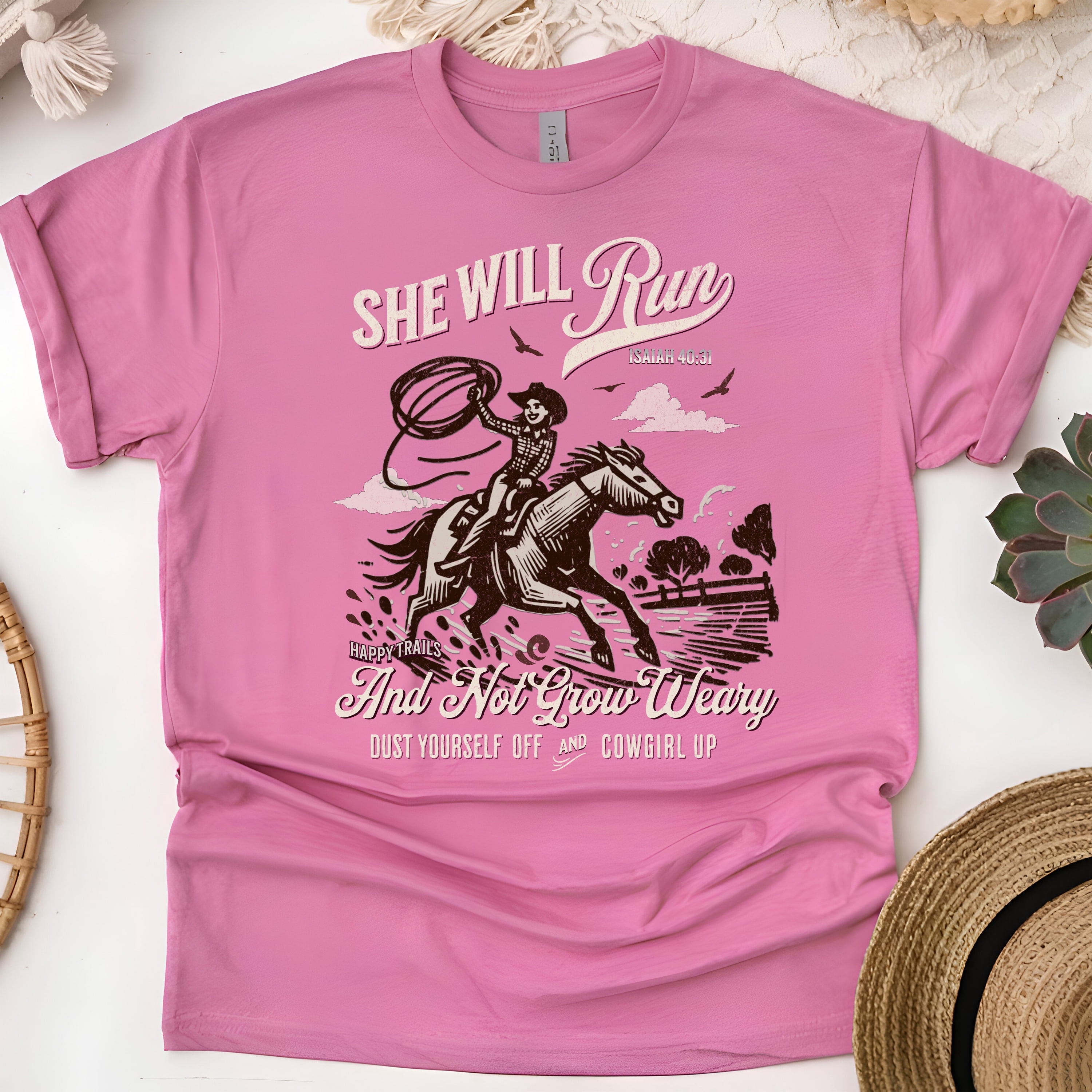 She Will Run Western Shirt – Bible Verse Rodeo Christian Tee, Heliconia ...