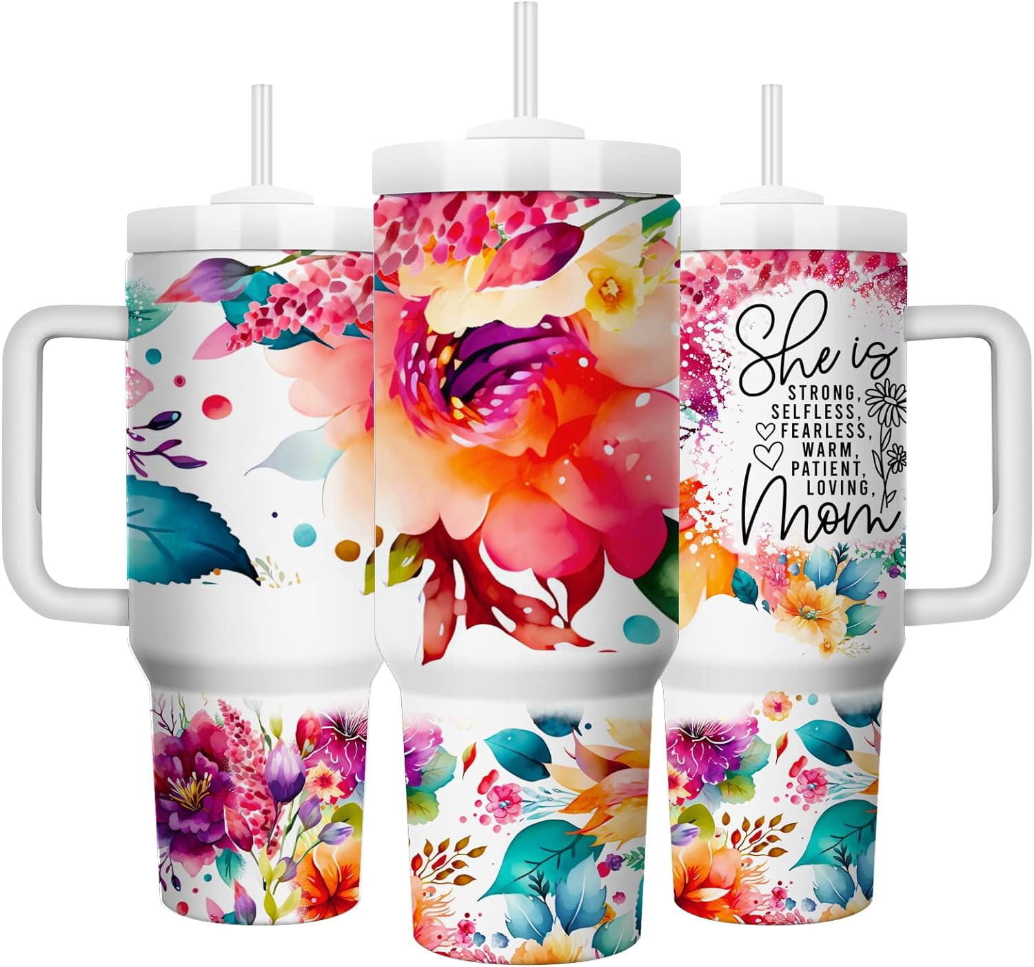 She is Mom Vibrant Floral 40oz Stainless Steel Travel Mug Tumbler with ...