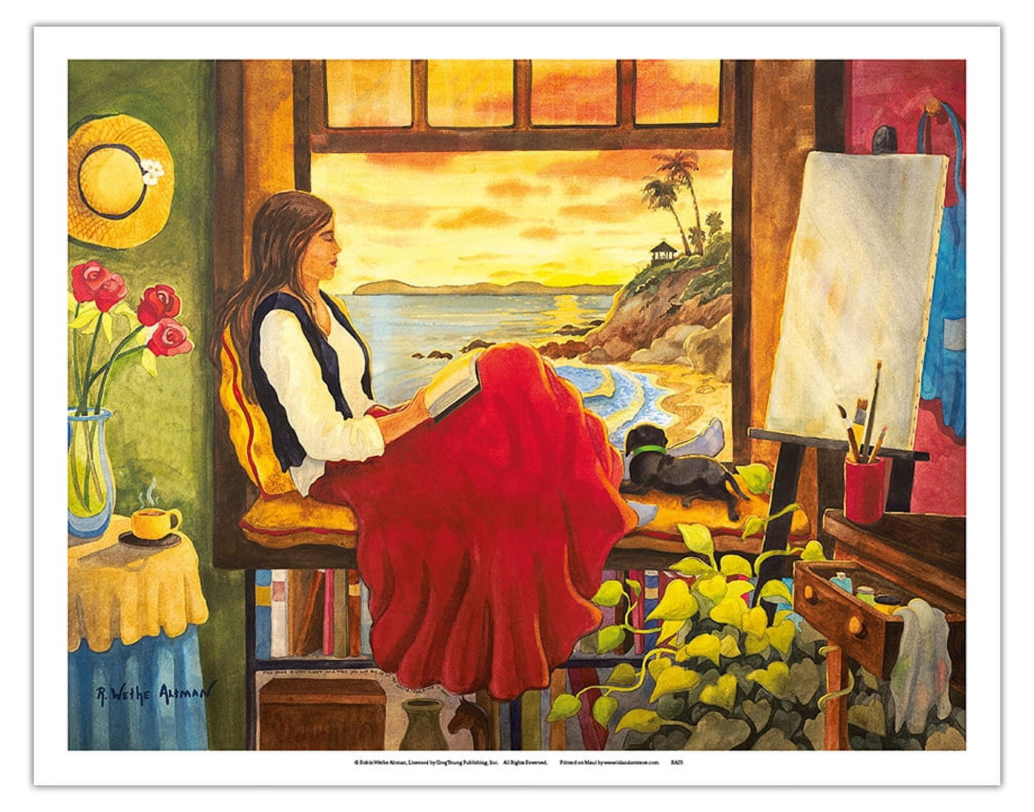 She's an Artist - Woman Watching Ocean Sunset with Dog - From an ...