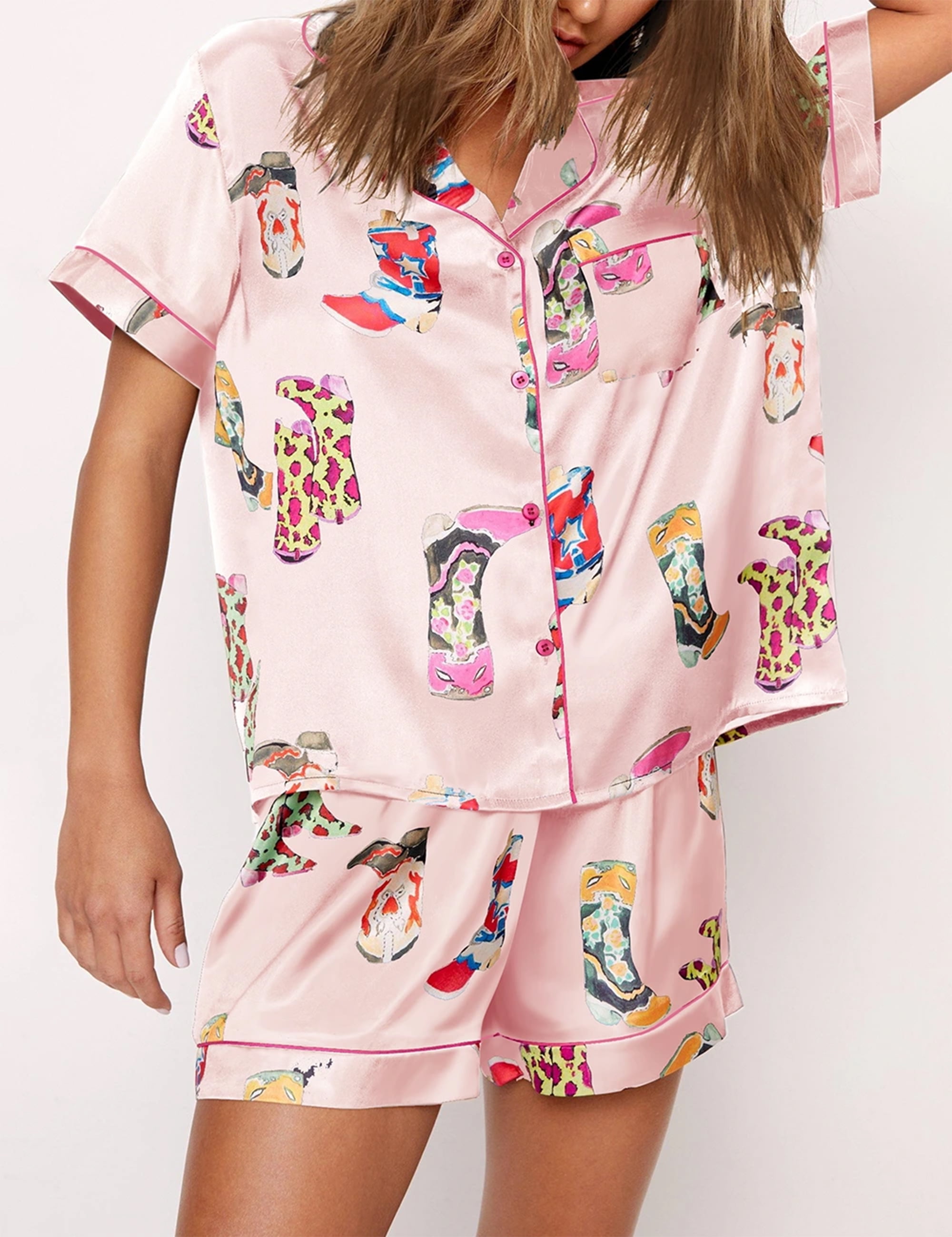SheShow Cowboy Boots Print Silky Casual Short Sleeve Pajama Set for Women, Pink, L - Walmart.com