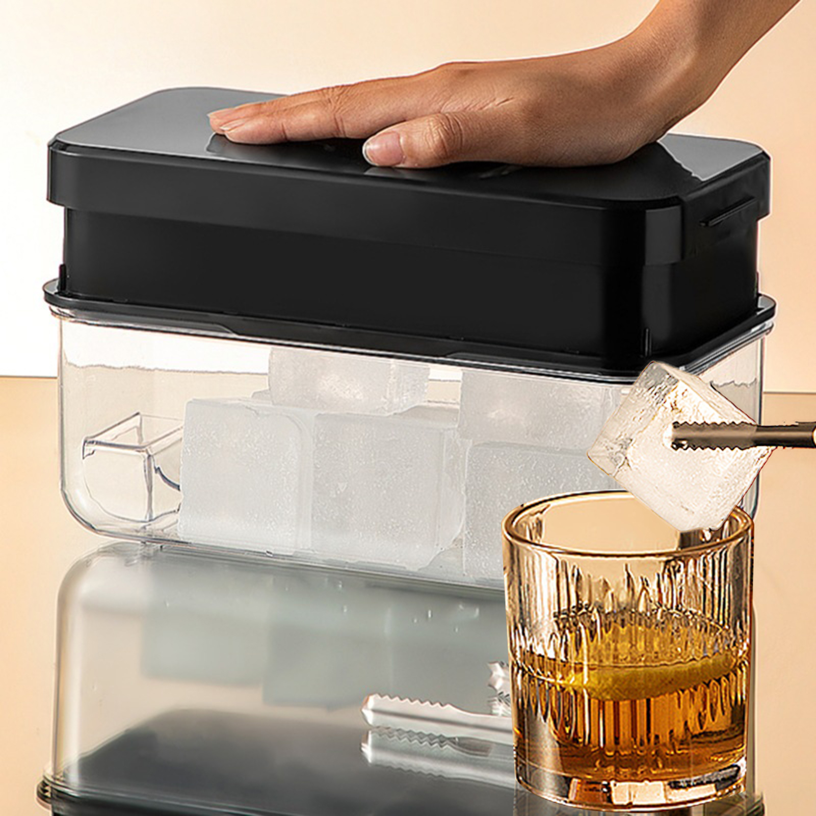 Shebeky Ice Cube Tray with Lid Bin Quick Release Large Size Square Ice ...