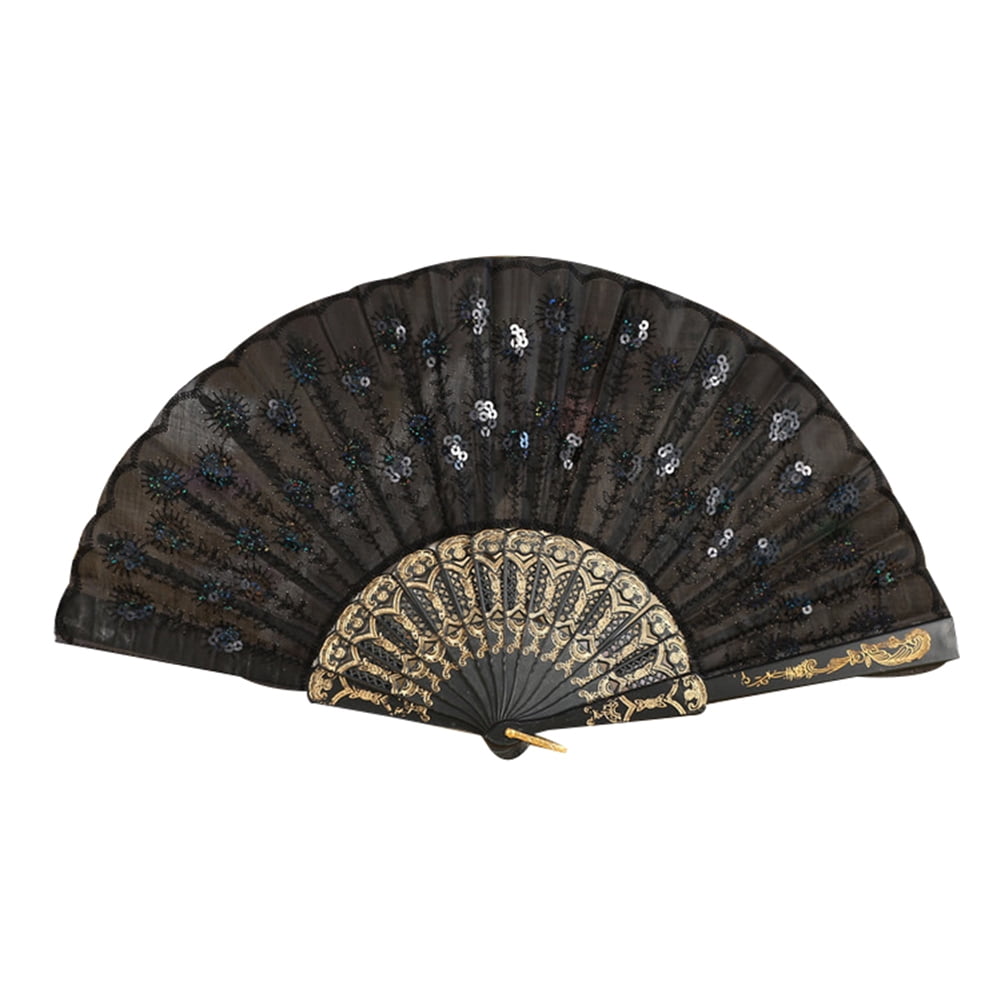 Shebeky Peacock Tail Sequin Pattern Handheld Folding Fan Crafts Wedding ...