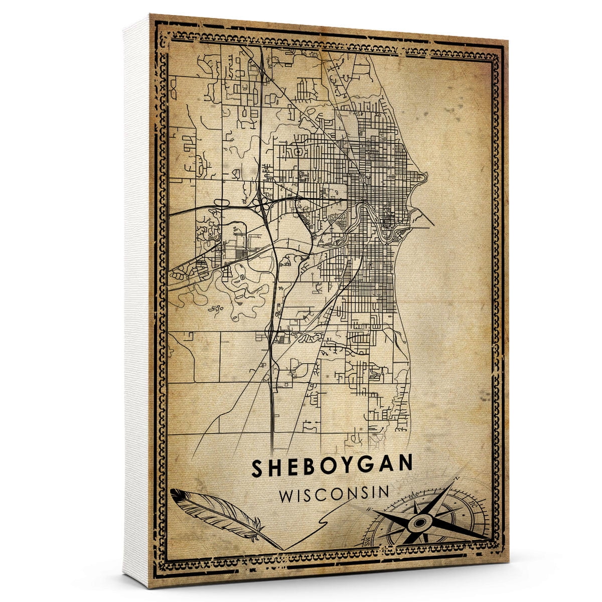 Sheboygan Vintage Map Prints Canvas, Wisconsin Map Art Canvas, Canvas ...
