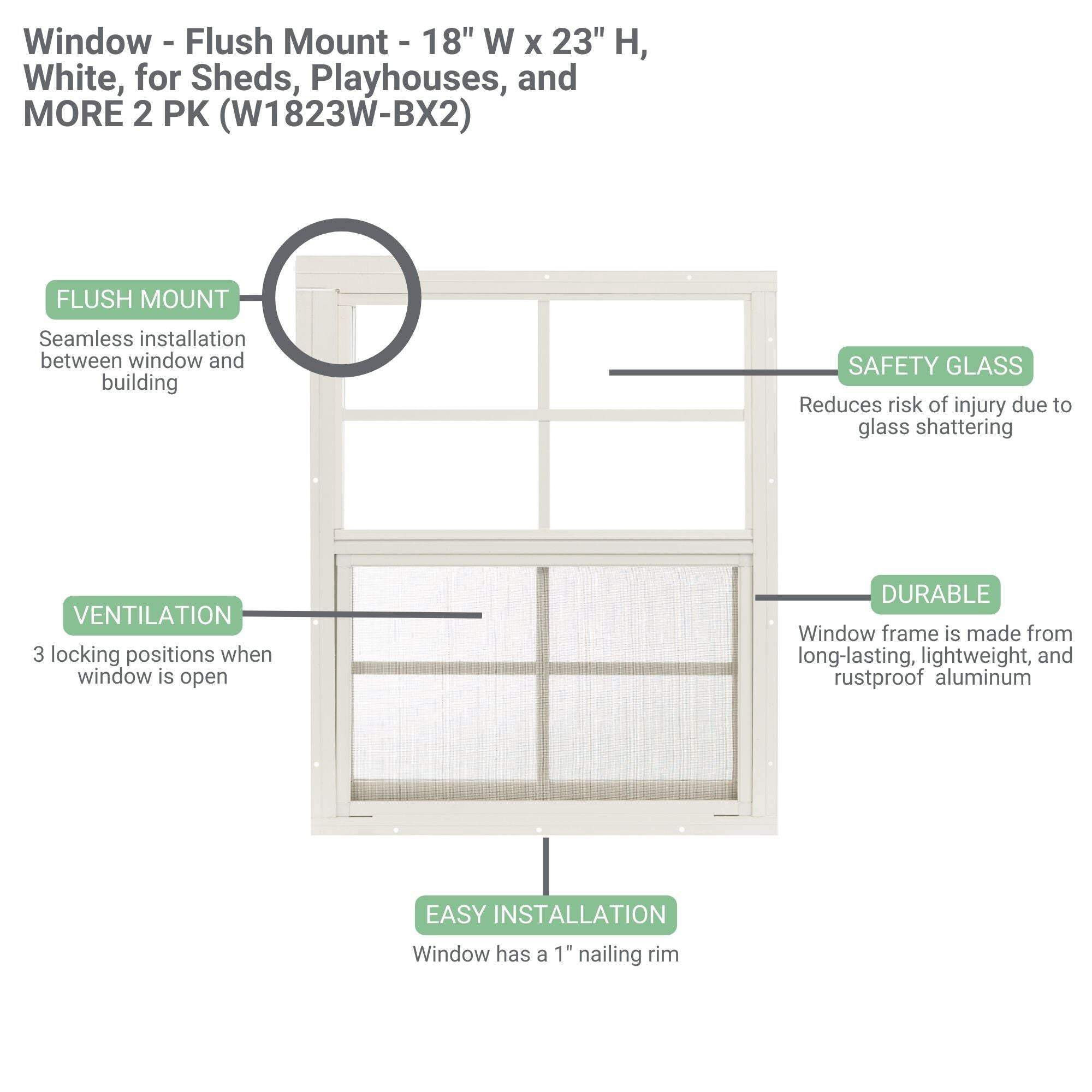 Shed Window 18" W x 23" H, Flush Mount Brown for Sheds, Playhouses, and ...