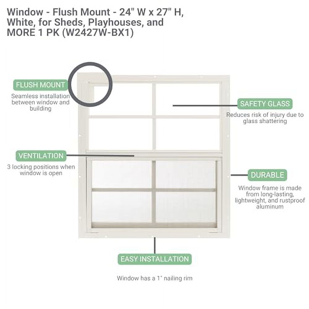 Shed Window 24" W x 27" H, Flush Mount for Sheds, Playhouses, and ...