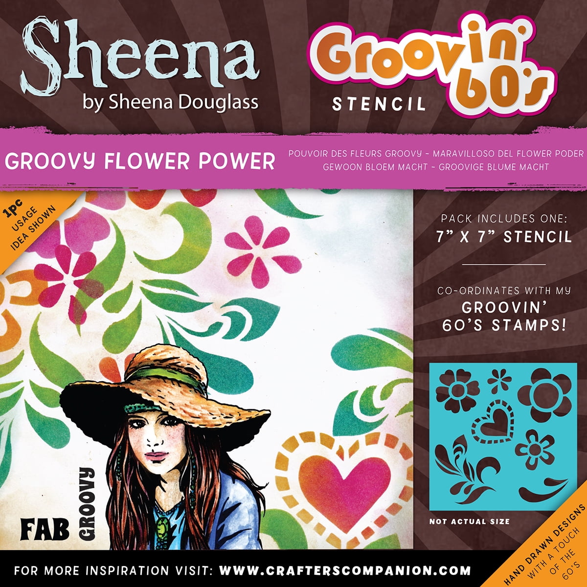 Sheena Douglass Grooving 60s Stencil 7"X7"-Groovy Flower Power ...