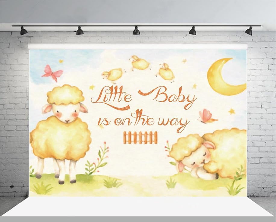 Sheep Baby Shower Backdrop A Little Baby is on The Way Gold Yellow Lamb Photography Background ...
