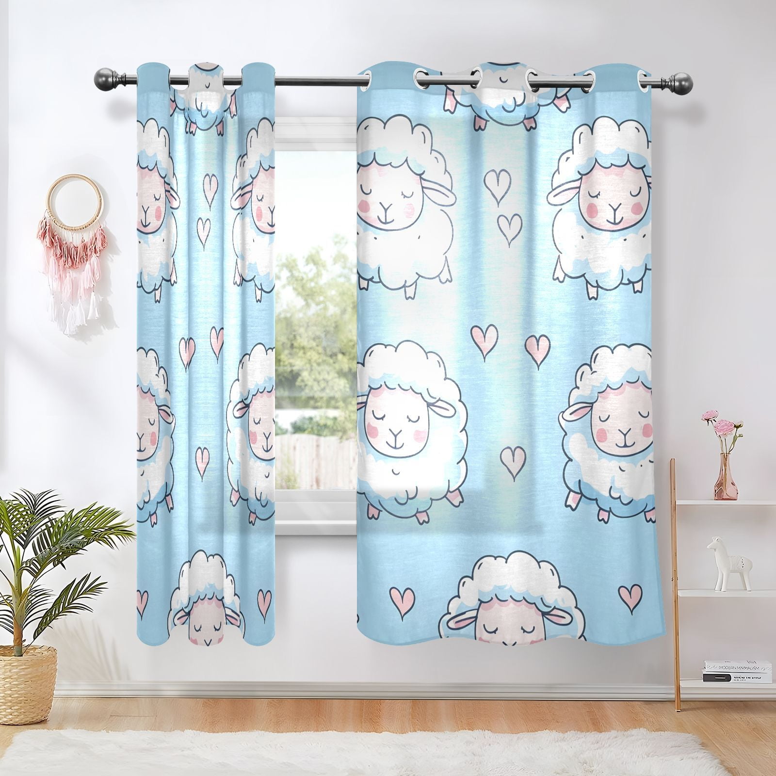 Sheep Cartoon Blue Blackout Curtains Thermal Insulation 63 inch Grommet ...