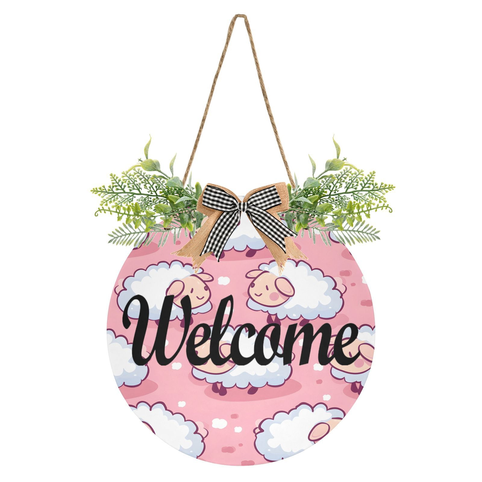Sheep Cartoon Pink Welcome Sign for Front Door Wreath Door Sign for ...