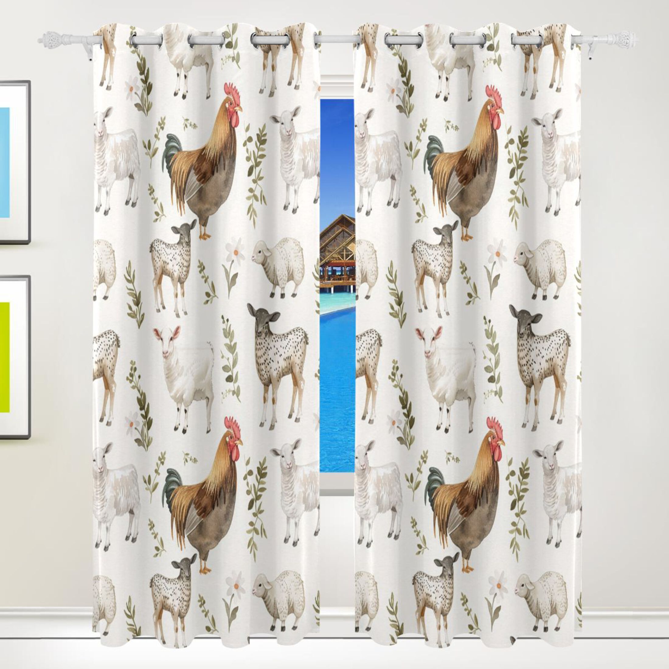Sheep Chicken Leaf Blackout Curtains 84 inch Length 2 Panels Grommet ...