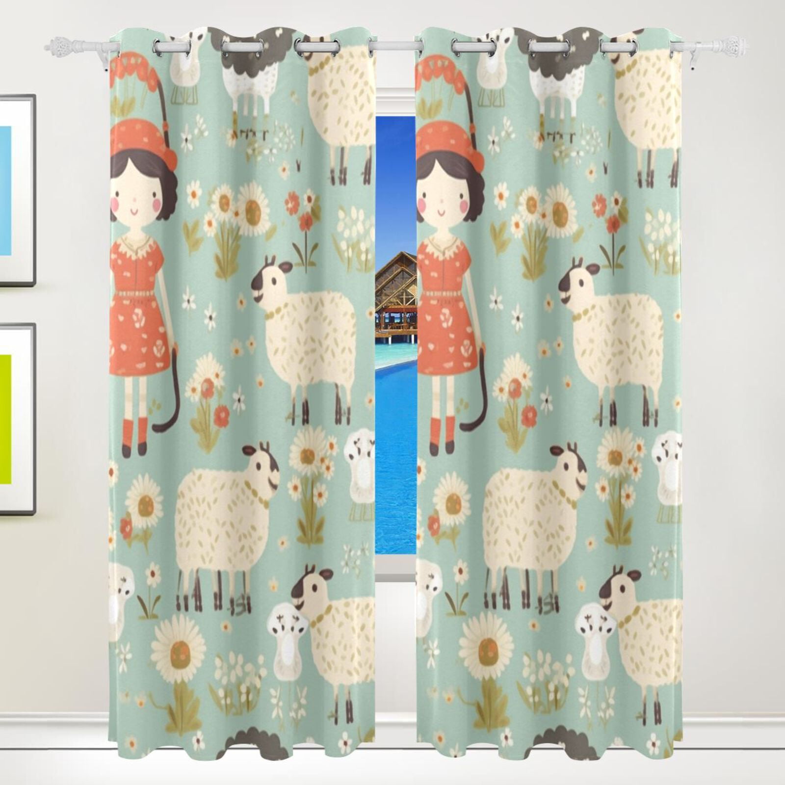 Sheep Children Flowers Curtains Black Out 72 Inch Length Curtains for ...