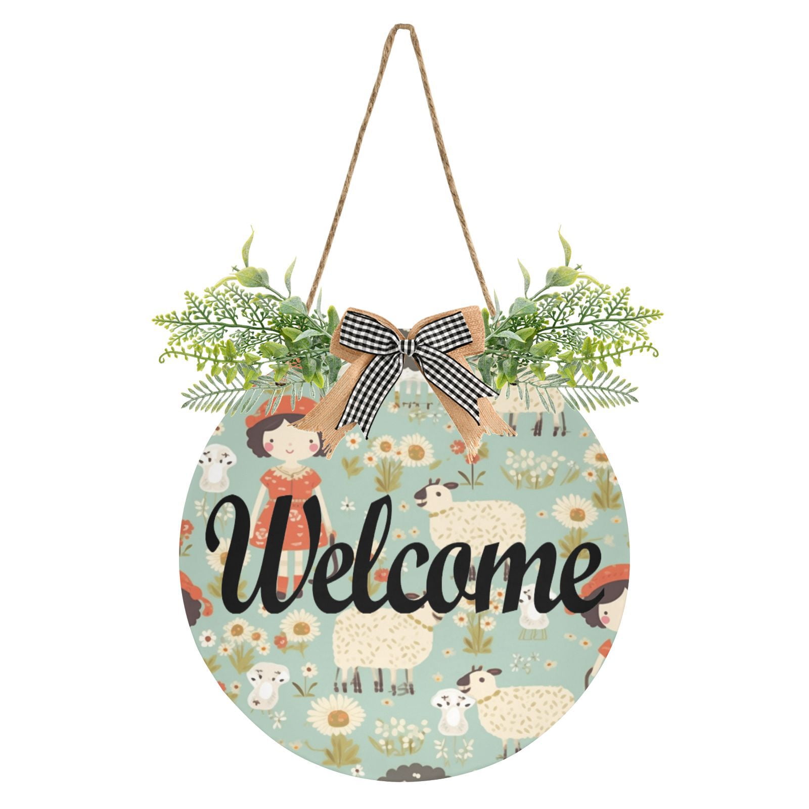 Sheep Children Flowers Welcome Sign for Front Door Wreath Door Sign for ...