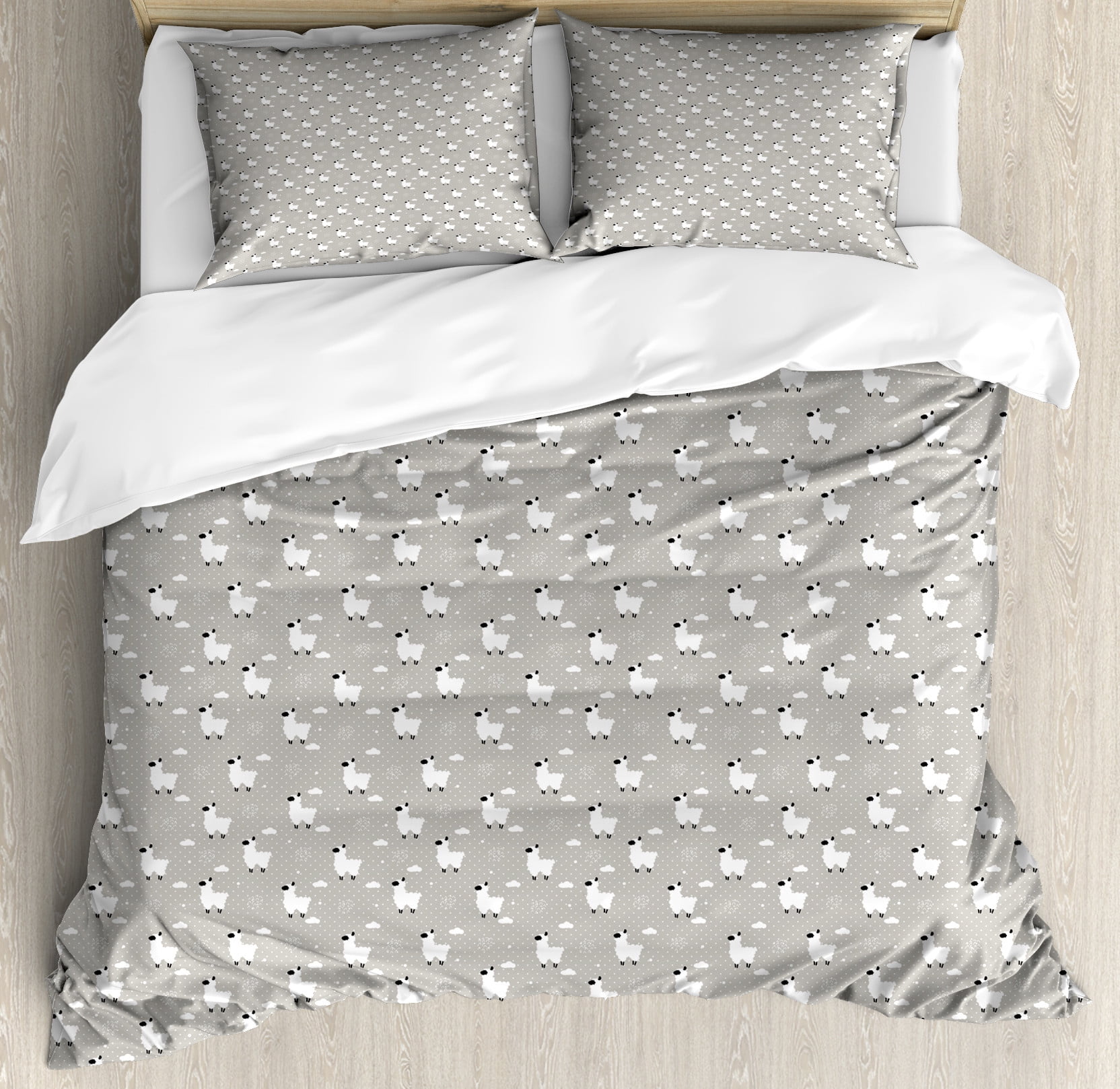 Sheep Duvet Cover Set, Animal with Clouds on Polka Dots Backdrop ...