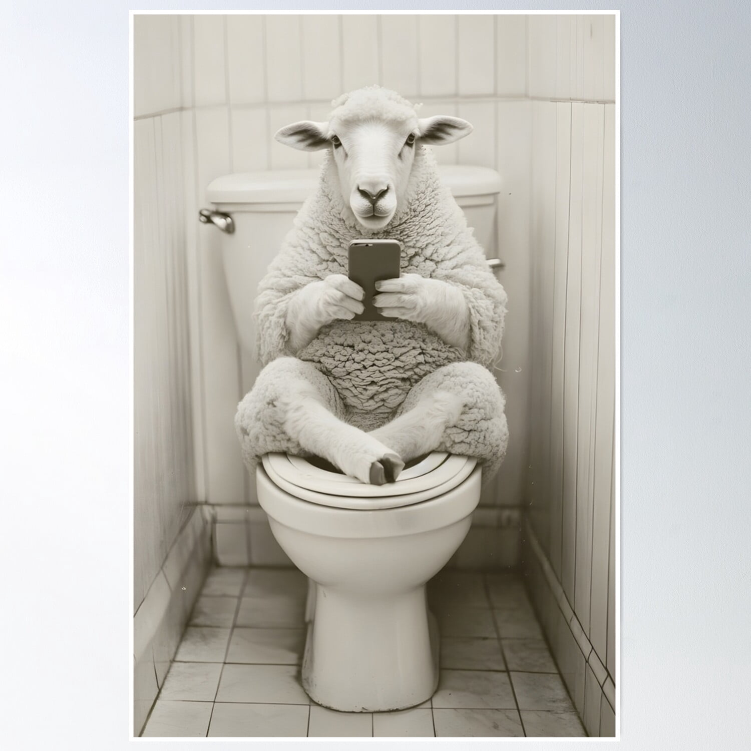 Sheep On Toilet Watching Phone, Funny Bathroom Animal Poster Wall Art ...