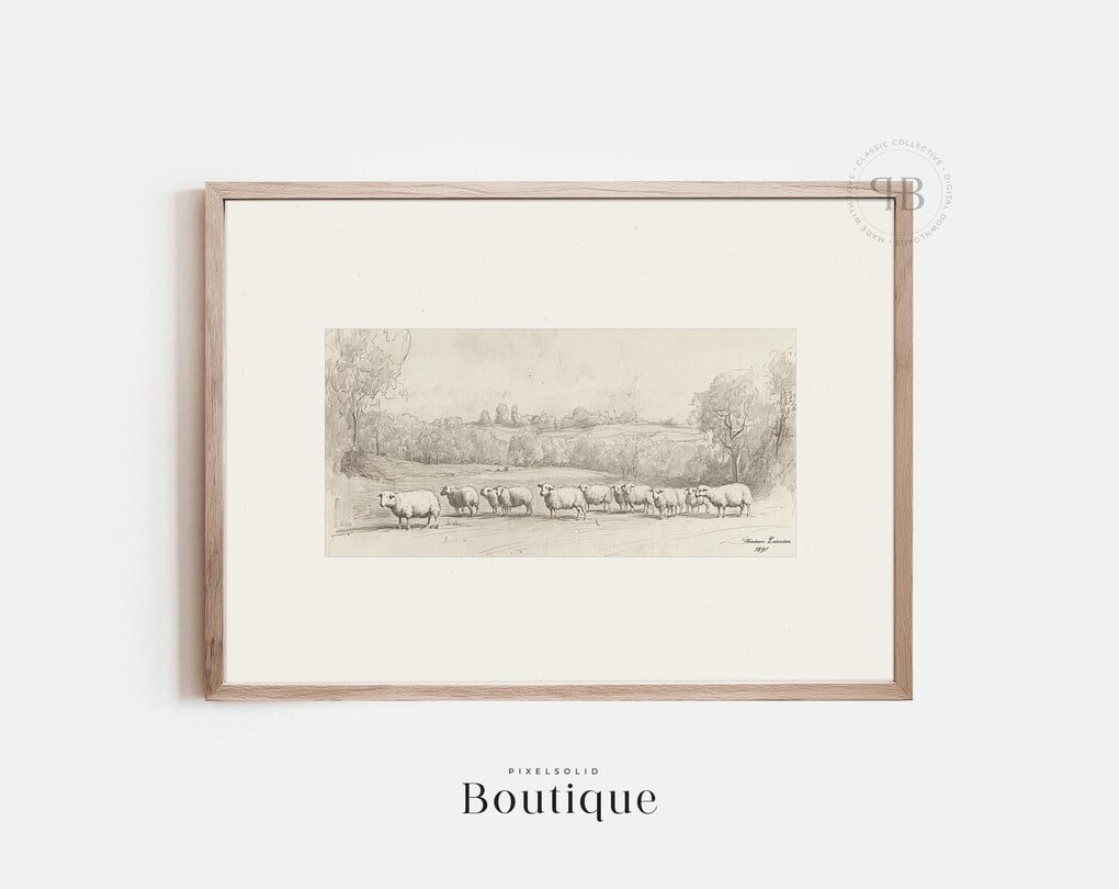 Sheep Sketch Wall Art – Rustic Countryside Pencil Drawing, Vintage ...